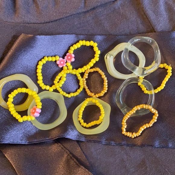 Jewelry | Set Of 14 Yellow Lucite Beaded Rings | Poshmark